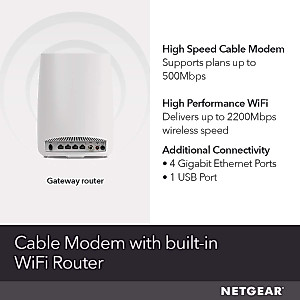 NETGEAR Orbi All-in-One Cable Modem + Whole Home Mesh-Ready WiFi Router - for Internet connectivity and speeds up to 2.2 Gbps Over 2,000 sq. feet, AC2200 (CBR40) (Renewed)