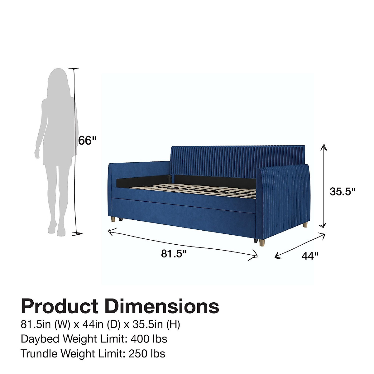 Mr. Kate Daphne Upholstered Daybed with Roll Out Trundle, No Box Spring Needed, Twin/Twin Size, Blue Velvet