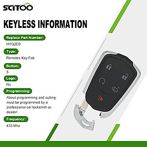 SCITOO 1 Pcs Remotes Key Fob for Cadillac ATS ATS-v Ct6 Ct6 Plug in for Cts Cts-v Cadillac Xts 2016-2020 433Mhz HYQ2EB