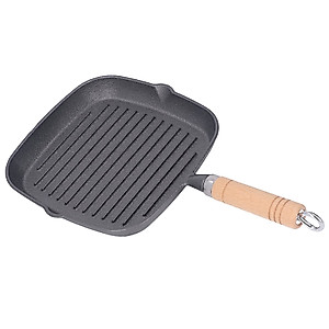 Cast Iron Grill Pan,Grill Pan,Multipurpose Prevents Stick Quadrate Cast Iron Steak Pan with Easy Grease Drain Spout with Wooden Handle for Bacon Steak Onion