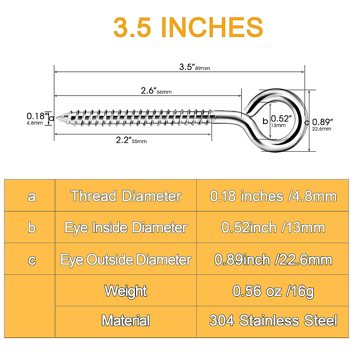 Eye Hooks Screw in Heavy Duty，304 Stainless Steel Eye Bolt，3.5 Inches Long Eye Screws Ring ，Swing Hooks for Hammock Stand, Swings Chair,Yoga , Indoor & Outdoor，Self Tapping Screws 4 Pack