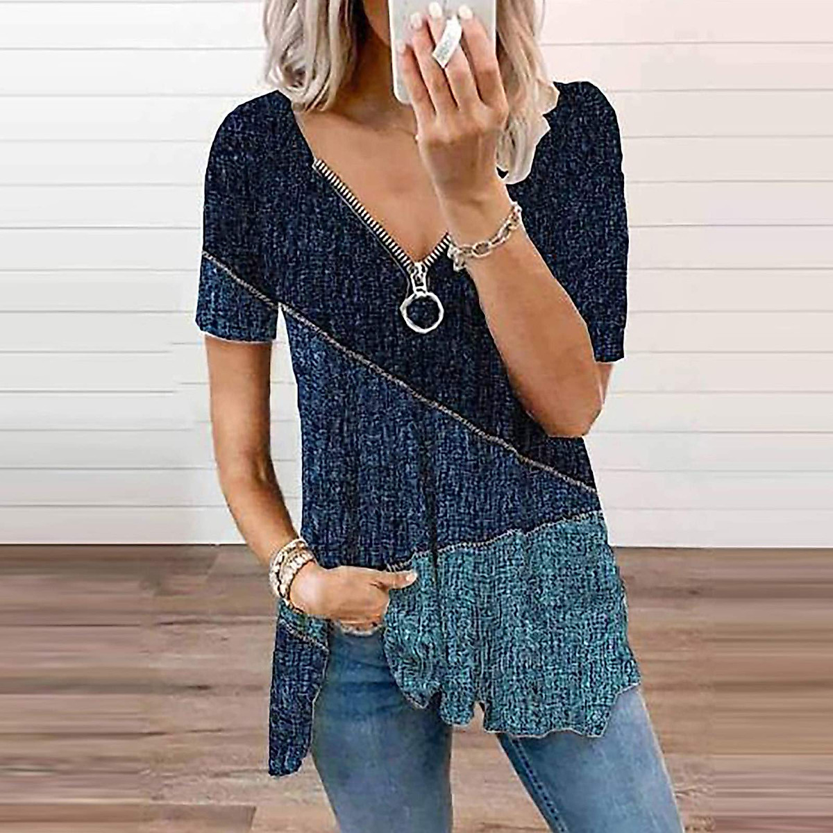 Women Summer T Shirts Short Sleeve V Neck Tunic Zipper Cold Shoulder Tops Casual Floral Print Tunic Plus Size Blouse