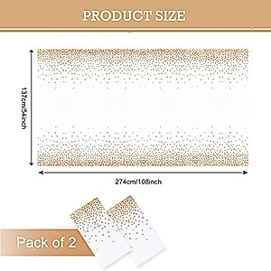 Bluechok Gold Polka Dots Plastic Tablecloths 2 Pack White Disposable Table Covers Bridal Shower Party Tablecovers 54'' x 108'' Table Cloths for Picnic Birthday Wedding Parties 8 Foot Rectangle Table
