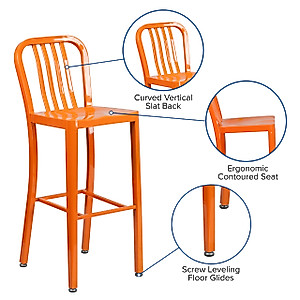 EMMA + OLIVER Commercial Grade 30" H Orange Metal Indoor-Outdoor Barstool with Slat Back