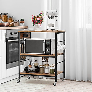 ETELI Bakers Rack with Power Outlet Microwave Stand Cart with Storage Coffee Station Table Cart on Wheels for Kitchen Living Room Bedroom, Rustic Brown