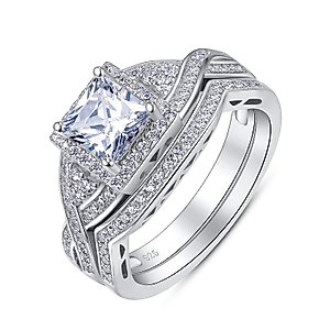 Sterling Silver 2 Pieces Princess Cut Cubic Zirconia Cross Shank Bridal Engagement Wedding Halo Ring Set,10