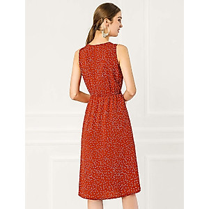Allegra K Women's Sleeveless Split Neck Drawstring Waist Casual Floral Midi Dress X-Large Red