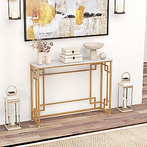 Giantex 43.5-Inch Console Tables for Entryway - Foyer Table with Adjustable Foot Pads, Golden Metal Frame, Faux Marble Top, Modern Long Sofa Table, Narrow Hallway Table for Living Room, Entry Table