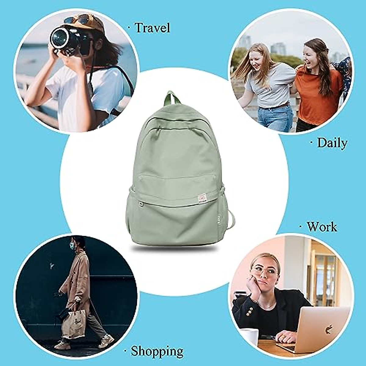 Extolove Cute Aesthetic Backpack, Simple Solid Color Backpacks Y2K Kawaii Backpack Travel Laptop Backpack (Green)