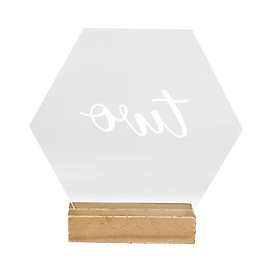 Hanna Roberts Modern Hexagonal Geometric Table Number Acrylic Signs with Wood Stands for Wedding Reception, Restaurant, Event Party, 5" x 1.5" x 5.9" (Cursive Geometric, Set of 10 (1-10))