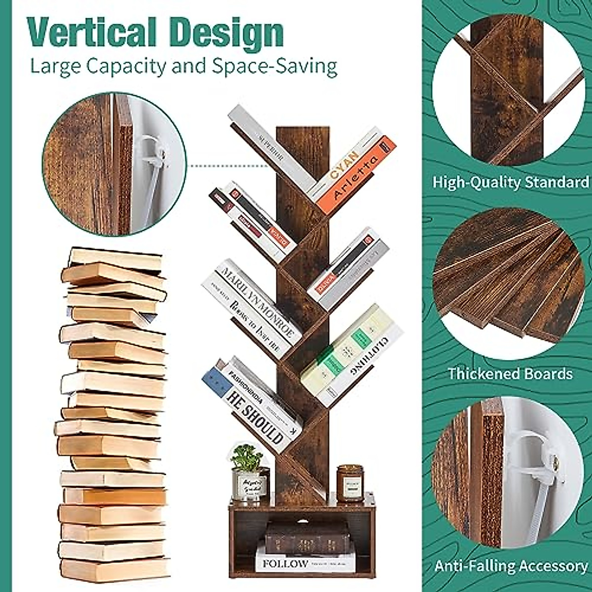 BRIAN & DANY Tree Bookshelf, 6-Tier Book Shelf, Wooden Bookshelves Storage Organizer Shelves for Living Room, Bedroom, Office, Rustic Brown