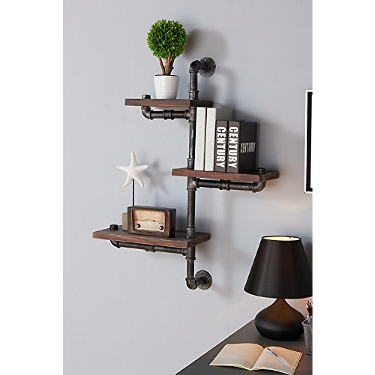 Armen Living Orton 30" Accent Shelf in Walnut Wood Finish with Grey Piping