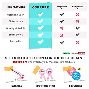 CORRURE Baby Shower Sash and Button Pin for Girl - 'Mom to Be' Sash and 'Dad to Be' Pin with Beautiful Pink Ribbon and Black Glitter Text - Ideal Mom and Dad Gift for Gender Reveal/Baby Shower