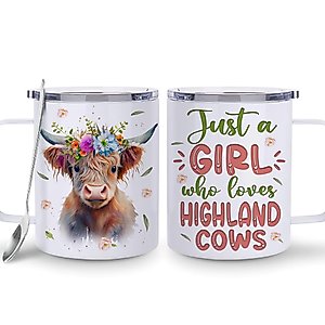 Hyturtle Cow Cup Gifts Highland Cow Lover, Just A Girl Who Loves Highland Cows Coffee Mug Stainless Steel 12oz, Cow Gifts For Women, Farm Animal Lover Gift For Girls, Daughter On Birthday Christmas