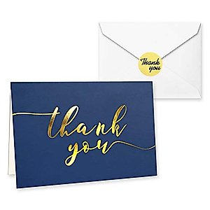 100 Thank You Cards in Navy Blue with Envelopes and Stickers - Bulk Notes Embossed with Gold Foil Letters for Weddings, Graduations, Engagements, Business, Formal, 4x6 Inch