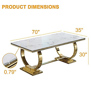 70" Modern Marble Dining Table, Luxury Gold Rectangular Kitchen Table for 6-8, Mid-Century White Faux Marble Dining Room Table with Mirrored Stainless Steel Pedestal Base for 6