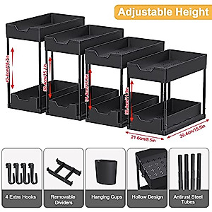Under Sink Organizers and Storage, 2 Tier Sliding Under Cabinet Organizer with Adjustable Height, Multi-purpose Under Sink Kitchen Bathroom Organizer and Storage with Hook, Hanging Cup, Dividers