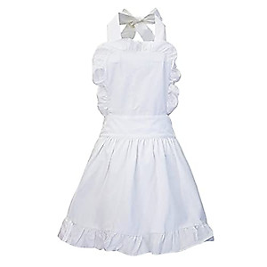 Fashion Vintage Apron Ruffle Retro Apron Cooking Kitchen Lovely Apron with Pockets for Women Girls (White), One Size