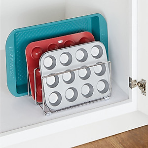 mDesign Metal Wire Organizer Rack for Kitchen Cabinet, Pantry, Shelves - Organizer Holder, 3 Slots for Skillets, Frying Pans, Lids, Cutting Boards, Vertical or Horizontal Placement - Chrome