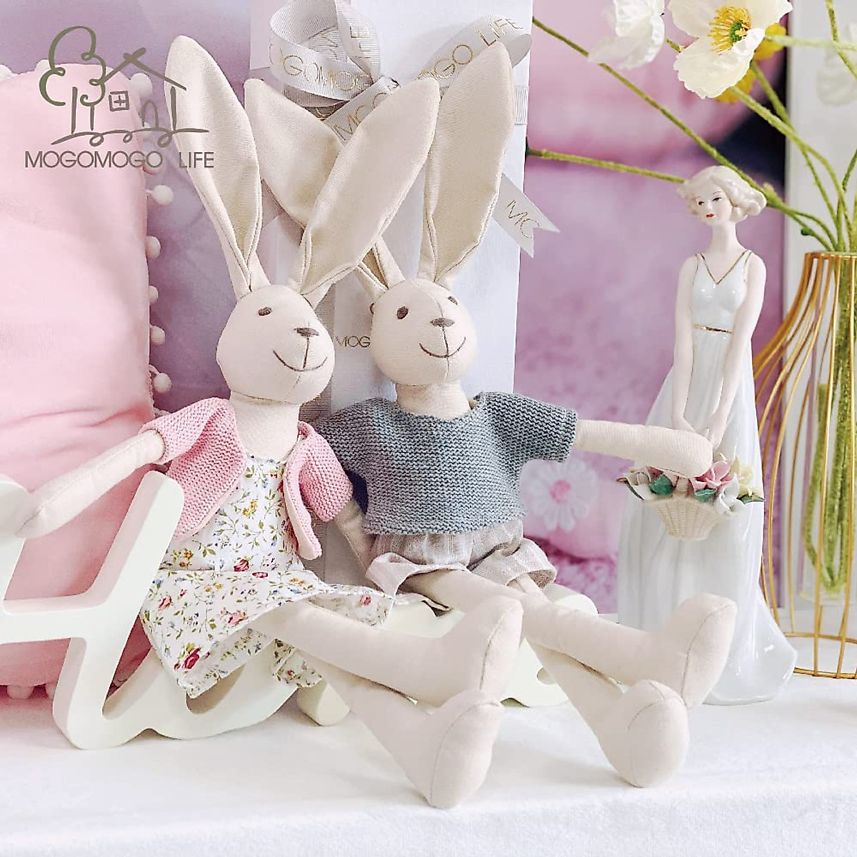 GRANDFINE Luxury Dressed Bunny Girl Stuffed Toys, Lovely Handmade Rabbit Cloth Doll with Flowery Dress,Fresh Valentine's Gift,Little Girl Day Play time Dolly 13''