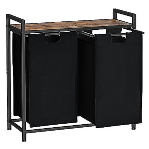 AMHANCIBLE Double Laundry Hamper, 2 Section Laundry Basket, Laundry Room Storage and Organization, Clothes hamper with Table, for Bathroom, Bedroom, Restroom, Rustic Brown HLS02BR