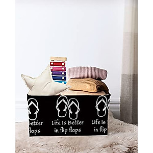 Storage Basket Black Flip Flops Large Foldable Storage Bins with Handles Life Is Better In Flip Flops Waterproof Fabric Laundry Baskets for Organizing Shelves Closet Toy Gifts Bedroom Home Decor