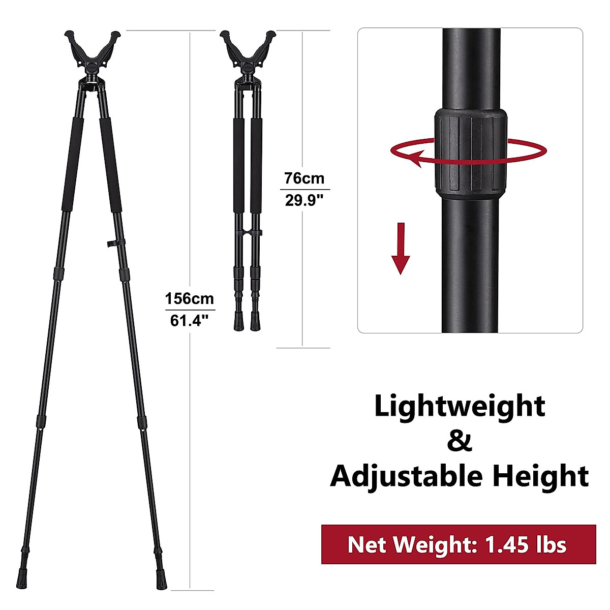 Trakiom Bipod Shooting Sticks for Hunting， Shooting Bipod for Hunting, Adjustable Bipod Shooting Rest, Rifle Bipod with 360° Rubber V Yoke Rest, Twist Lock, Lightweight Aluminum Frame and Spike Feet