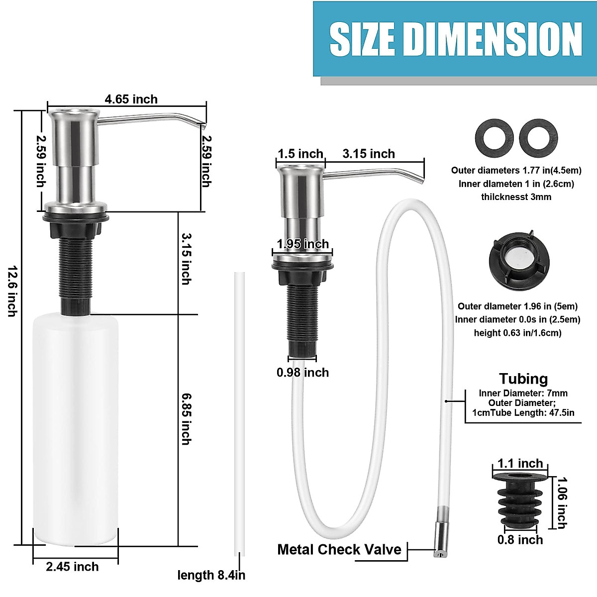 1 Pcs Sink Soap Dispenser Pump Set, Built-in Soap Dispenser for Kitchen Sink, Countertop Under Sink Soap Dispenser with 47in Extension+3.2in Spout+17oz Bottle,Longer Thread Shaft,Without Large Bottle