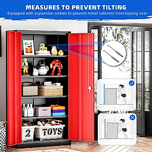 Pataku Metal Storage Cabinet, 72" Garage Cabinet with Doors and Shelves Lockable Steel Multifunctional Cabinet, Tool Cabinet for Garage, File Cabinet for Home, Office, Warehouse(Black Red)