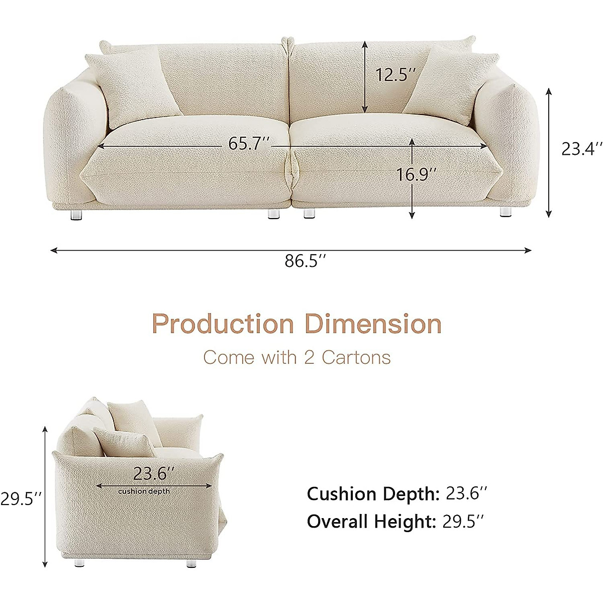 87'' Modern Lambswool Couch for Living Room,Fabric 2 Seater Sofa,Solid Wood Frame and Stable Metal Legs Couch with 2 Pillows,Sofa Furniture for Apartment (87" Loveseat Sofa, White)