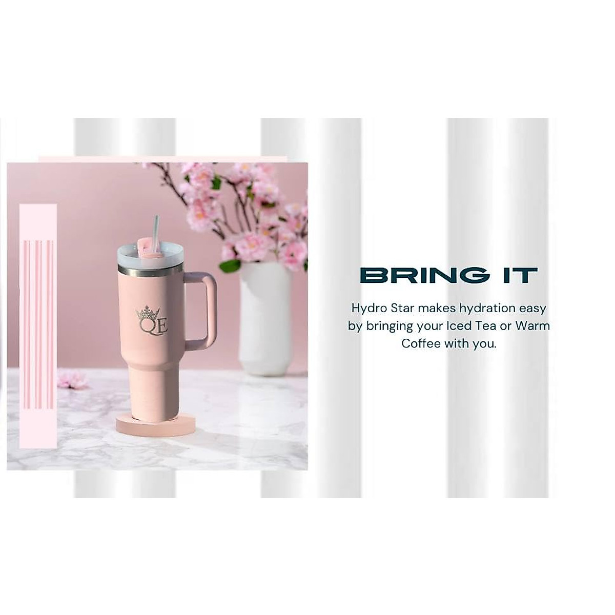 Queen Evelyn (QE) Travel Mug Quencher H2.0 FlowState Stainless Steel Vacuum Insulated Tumbler with Lid, Straw and Handle for Water, Iced Tea or Hot Coffee -Roze Quartz 40 Oz