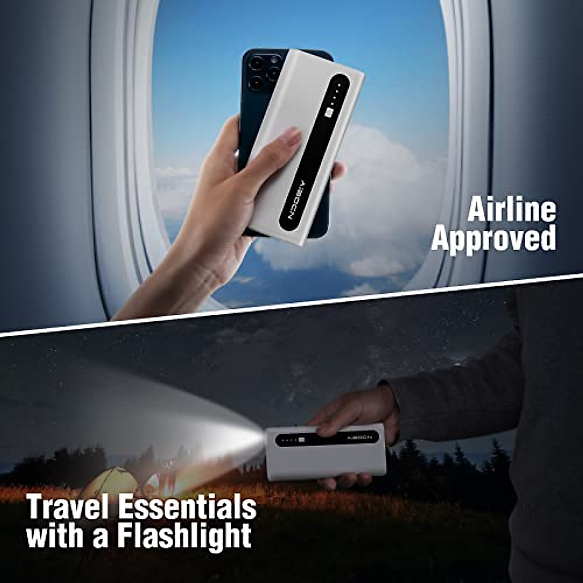 Aibocn Power Bank 10,000mAh Phone Portable Charger with Flashlight (White+Black)