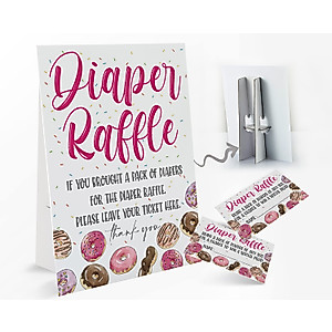 Diaper Raffle Cards with Sign(Sign 8x10 Inch), Donut Theme Baby Shower Games, Baby Showers Decorations -1 Standing Sign + 50 Guessing Cards(raffle42)