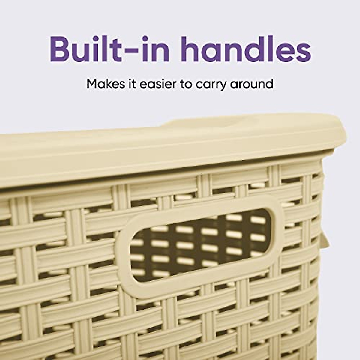 Plastic Corner Laundry Hamper with Lid, Curved Designed Laundry Basket, 2 Pack Triangle Beige Cloths Hamper Organizer with Cut-out Handles for Laundry Room Bedroom Bathroom, Wicker Design, 50 Liter