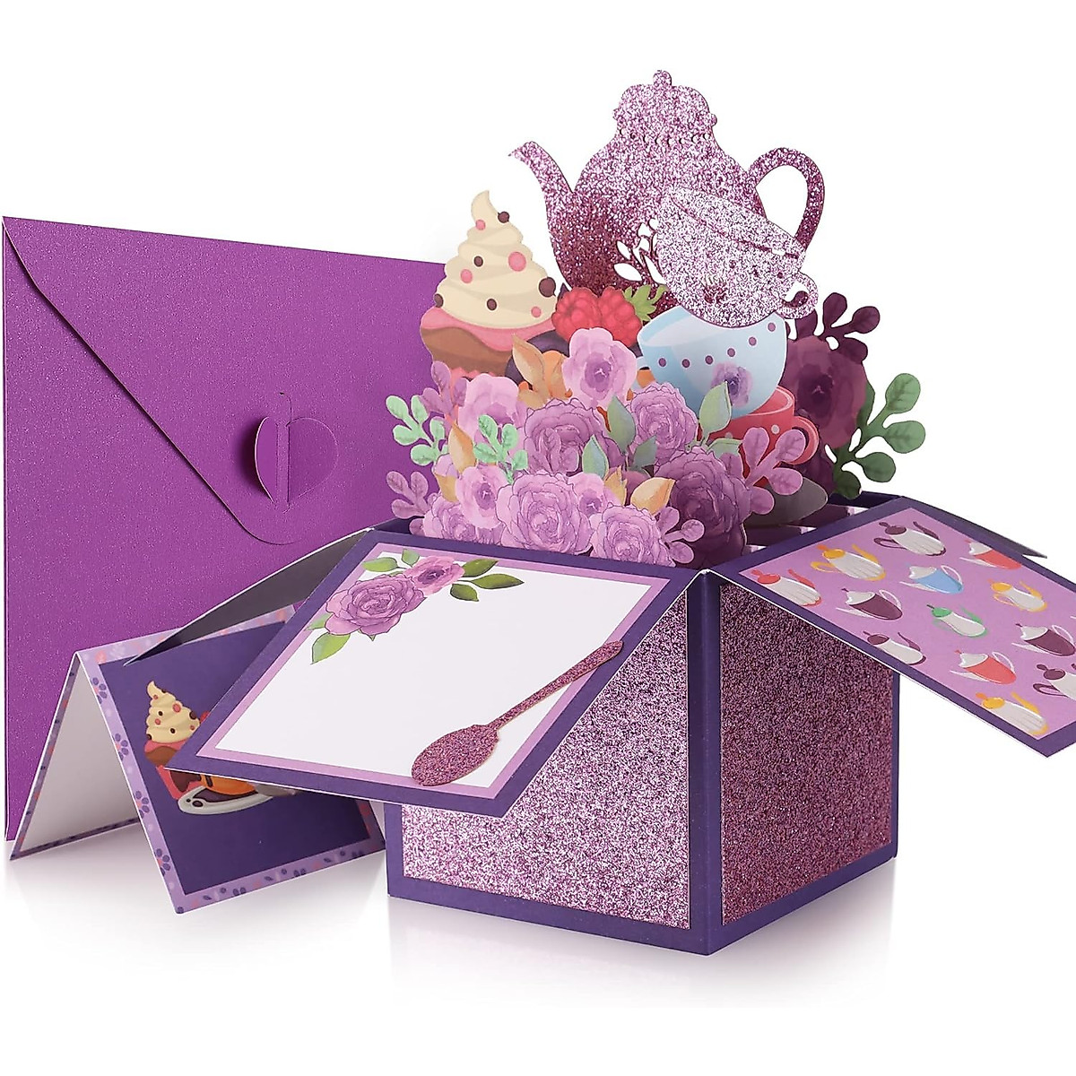 Giiffu Mothers Day Card, Tea Theme, Tea Time 3D Pop Up Card, 3D Flower Pop Up Greeting Card with Note Card and Envelopes, for Mothers Day, Birthday, Tea Party (Purple)