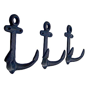 Wowser Nautical Cast Iron Ship Anchor Wall Hooks, 6 Inches, Set of 3 (Blue)