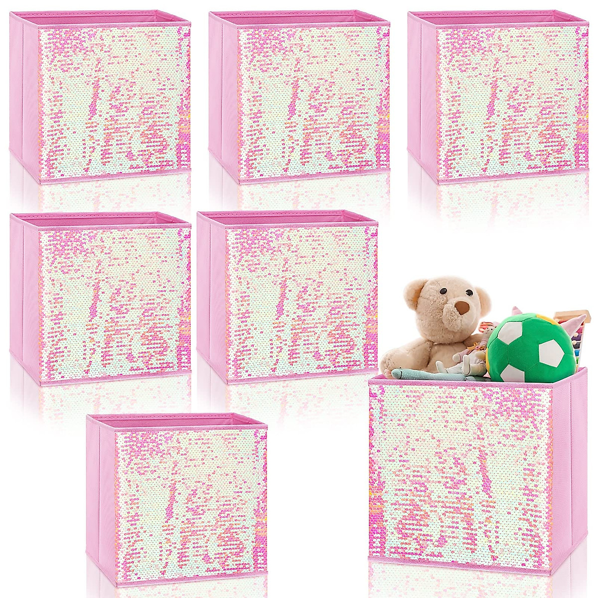 6 Pcs Christmas Foldable Sequin Storage Basket Bin 10 Inch Large Fabric Storage Cubes Storage Bin Closet Bins Christmas Bins Shelf Baskets Kids Toys Organizer Boxes for Christmas Home(Pink)