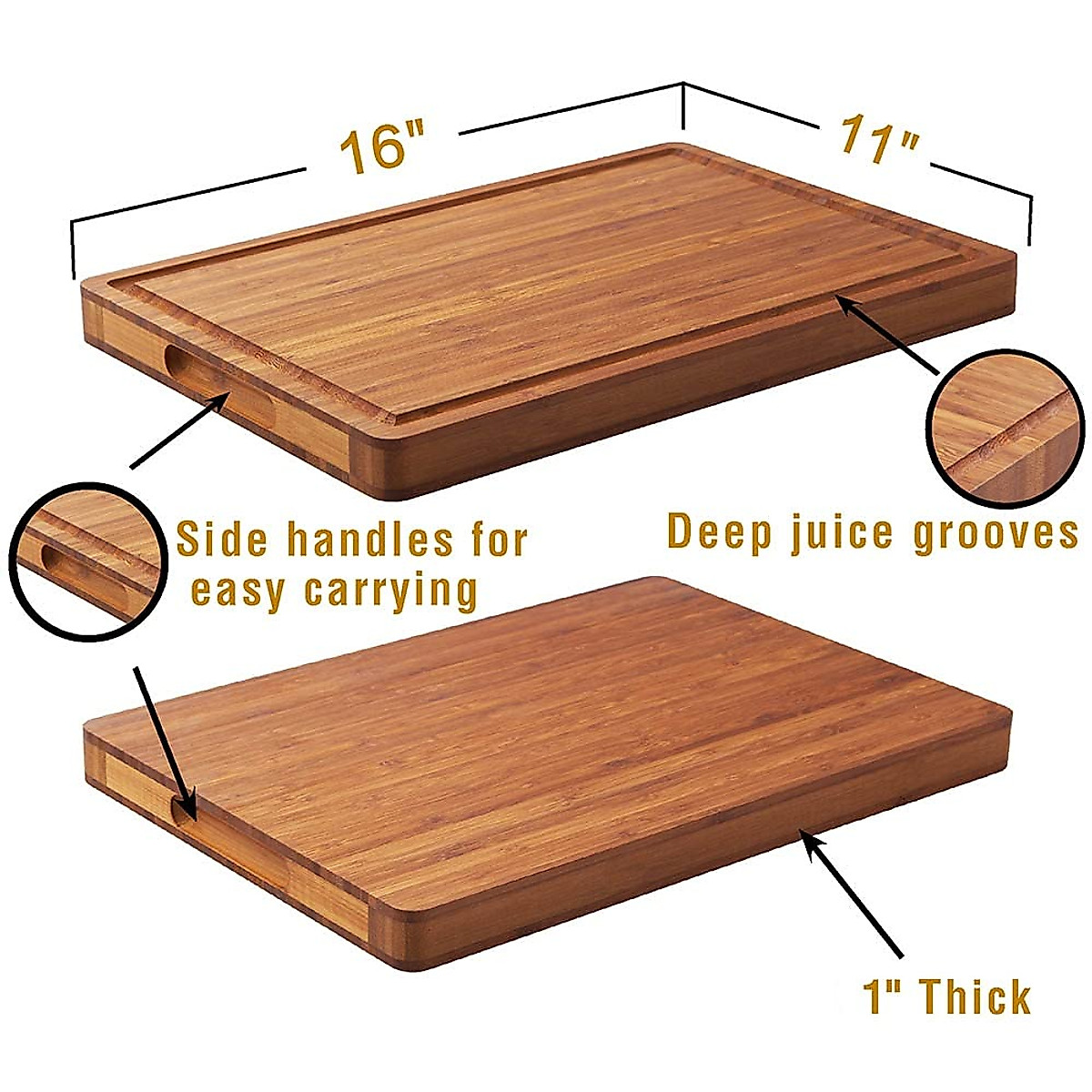 Bamboo Wood Cutting Board for Kitchen, 1" Thick Butcher Block, Cheese Charcuterie Board, with Side Handles and Juice Grooves, 16x11"