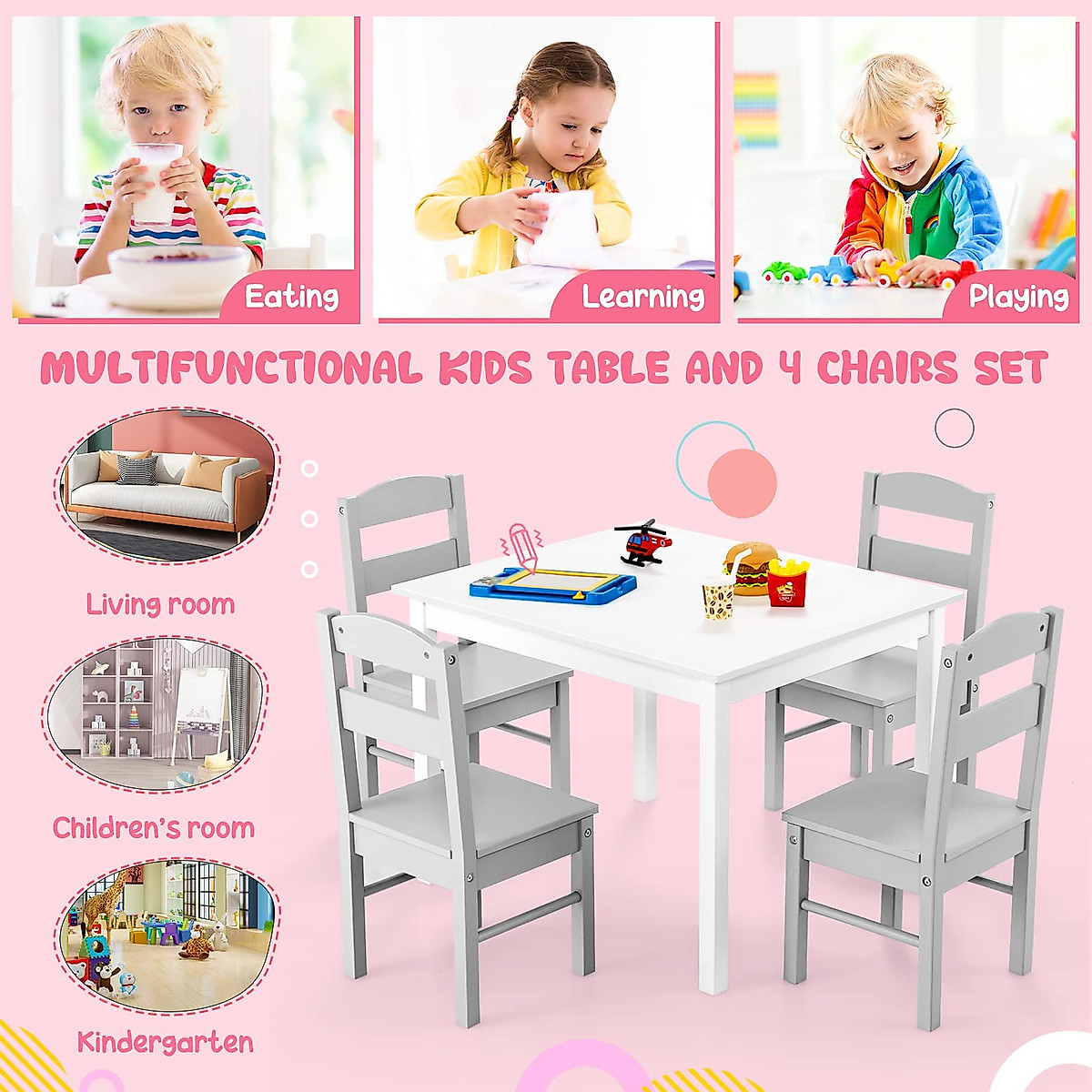 HONEY JOY Kids Table and Chair Set, Wooden Toddler Table and 4 Chairs for Arts & Crafts, Snack Time, 5-Piece Children Furniture Set for Daycare, Kindergarten, Playroom, Gift for Boys Girls (Gray)