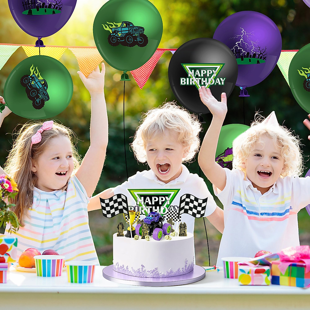 Haooryx Green and Purple Monster Truck Cake Toppers 40Pcs Monster Truck Racing Car Cake Decoration Birthday Dessert Cupcake Cake Topper Decor for Kids Theme Birthday Party Baby Shower Decor Supplies