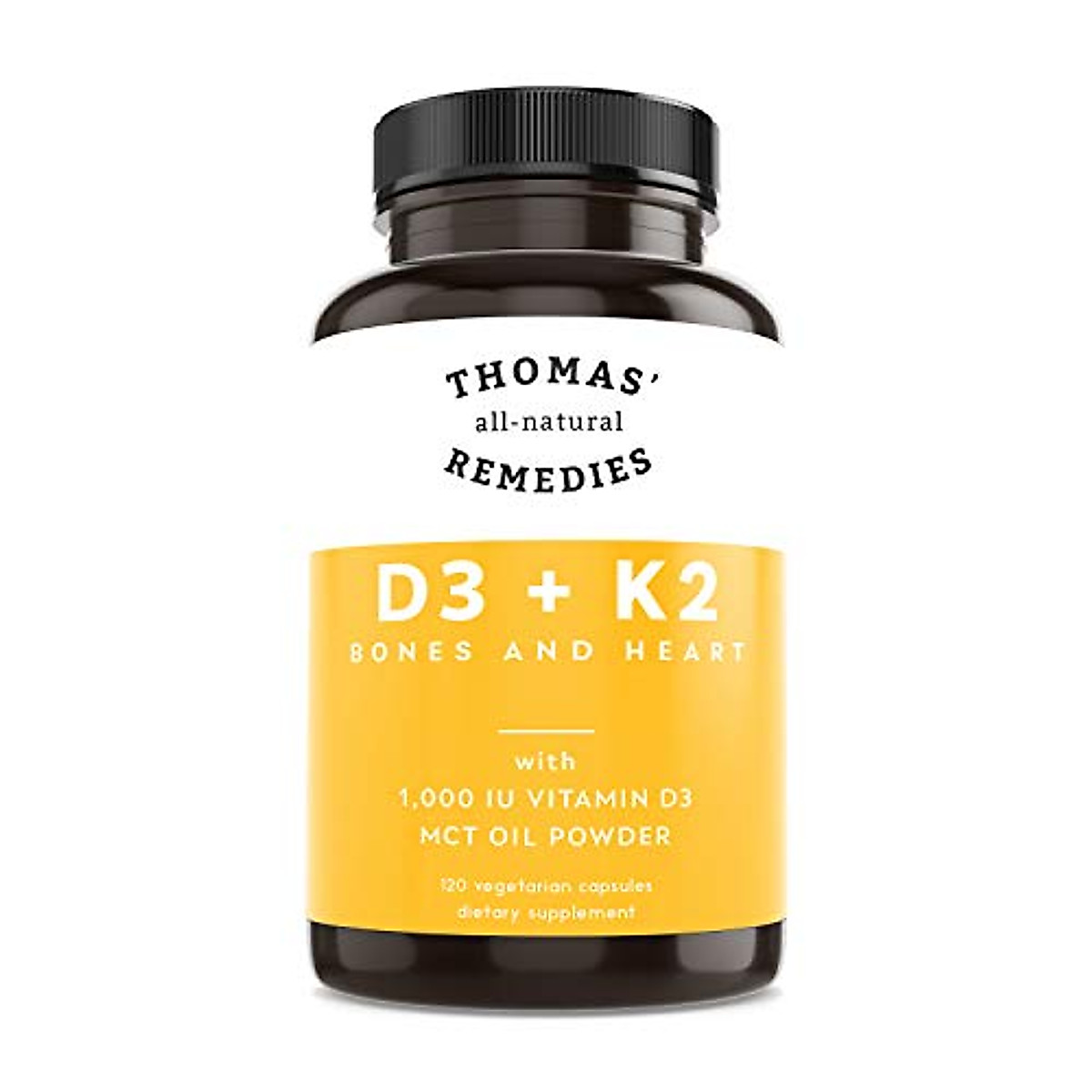Thomas' all-natural Remedies D3 + K2 with MCT Oil for Better Absorption - 1000 IU D3 - Vegan - Made in USA - Support for Your Heart, Bones & Teeth - Non-GMO - 120ct