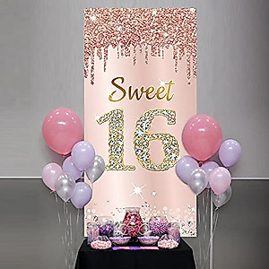 Sweet 16 Birthday Door Banner Backdrop Decorations for Girls, Pink Rose Gold Happy 16th Birthday Party Door Cover Sign Supplies, Sixteen Year Old Birthday Poster Photo Booth Props Decor