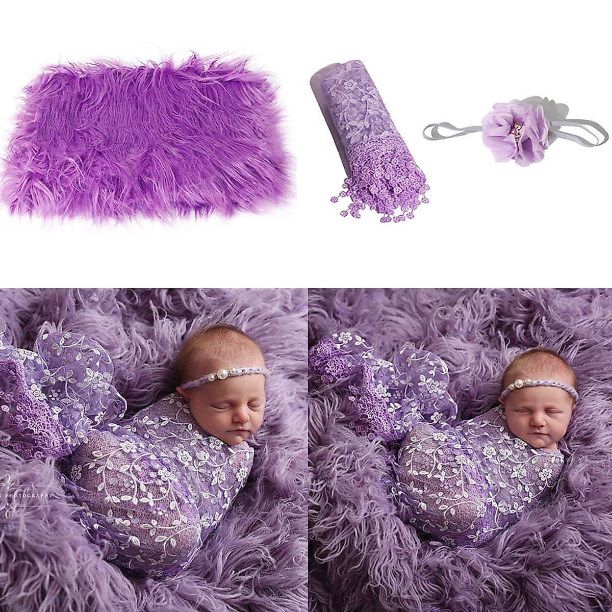 3 Pcs Newborn Photography Props Outfits, Fluffy Baby Posing Photoshoot Blanket + Embroidered Lace Baby Photo Wrap + Headband with Flower Set, Infant Toddler Girls Posing Props