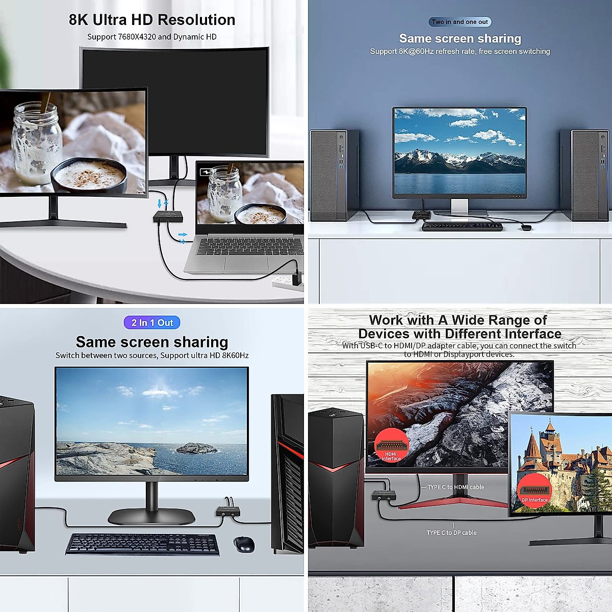 Cablecc USB-C Type-C Bi-Direction Switch MST 1 to 2 Hub Support Video Data PD 8K@30hz 100W 10Gbps with 50cm Cable