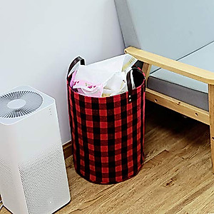 Collapsible Medium Laundry Storage Basket Clothes, Towels, Toys Storage Bin Shelves Organization Decorative Home Organizer, Buffalo Check, Red Black Grid
