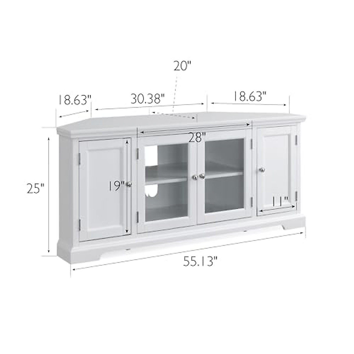 Leick Home Mateo Solid Wood Corner TV Stand for TVs up to 65", 4 Door Entertainment Center, White, Living Room Storage, 85386