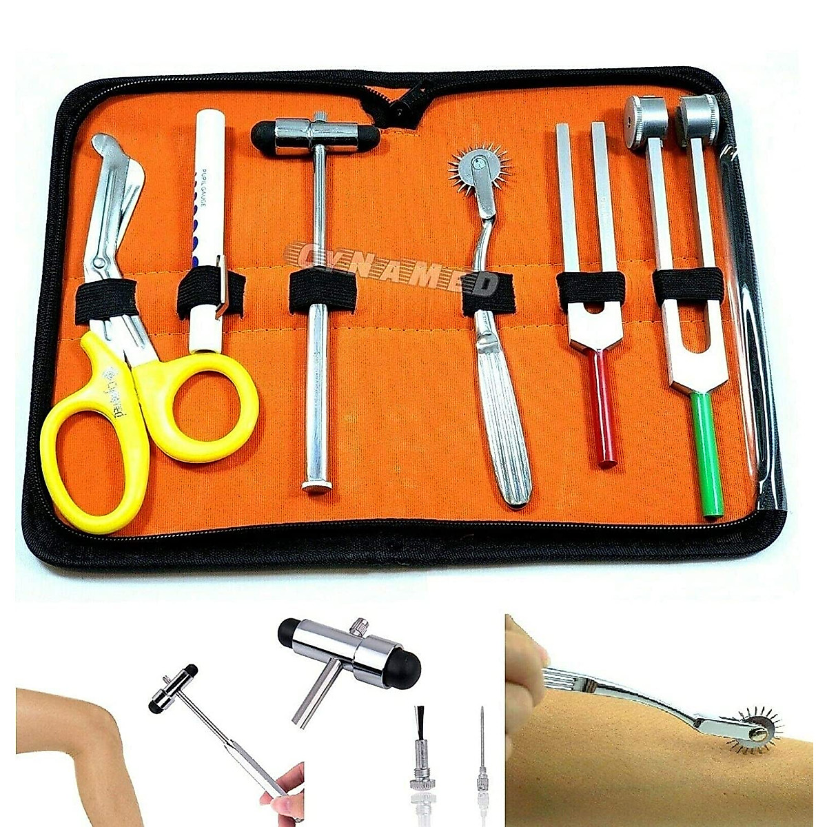 Student Diagnostic Kit- Reflex Hammer & Tuning Fork Set C 128 And C 512 + Wartenberg Pinwheel Premium Steel Bandage Scissor 7.5” (Set Of 6 Reflex Buck Hammer Yellow Scissor Penligh)