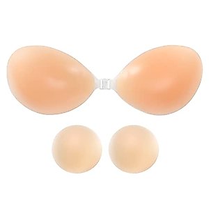 AMFLOWER Adhesive Bra Invisible Self Adhesive Strapless Bra Silicone Push Up with Nipple Covers Reusable for Backless Dress Nude, 30-38C