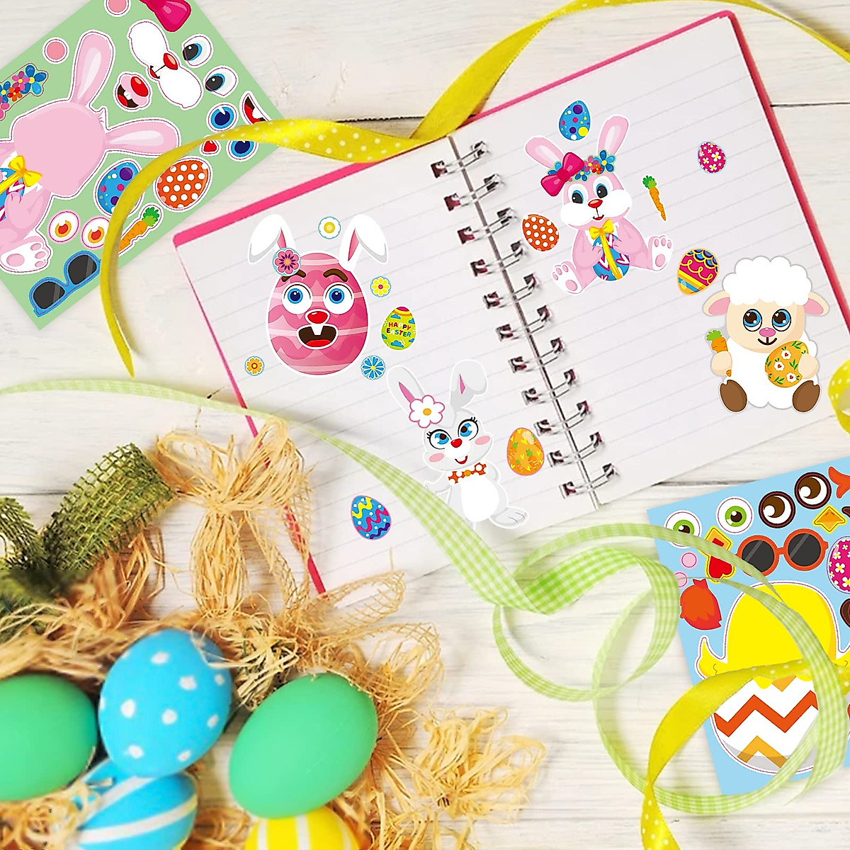 YNERHAI 24sheets Easter Stickers Gifts for Kids, Easter Craft Kids Toys Can Make Own Face Easter Bunny Sheep Rabbit Colored Egg Chicks for Child Boys Girls School Game Activities Party Favor Supplies