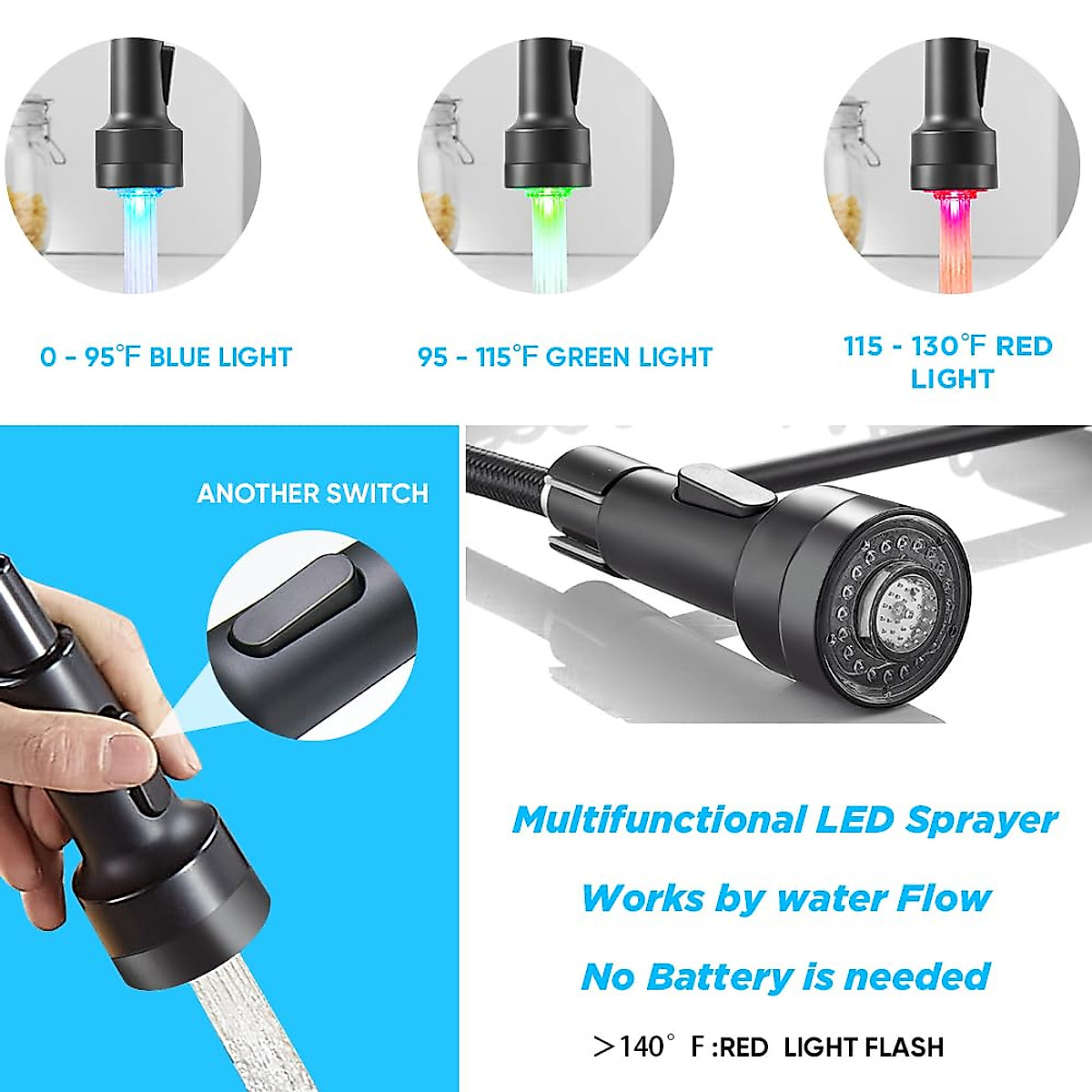 Black Kitchen Faucet with Pull Down Sprayer, WOTOKOL Solid Brass Kitchen Faucets Sprayer Spring Single Handle Commercial Kitchen Sink Faucet with LED Light